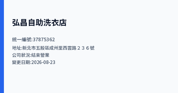 弘昌自助洗衣店的照片-統編 37875362(新北市) 公司登記資料與營業項目詳細圖表