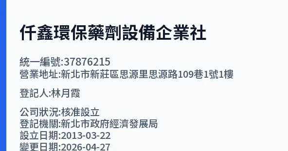 仟鑫環保藥劑設備企業社的照片-統編 37876215(新北市) 公司登記資料與營業項目詳細圖表