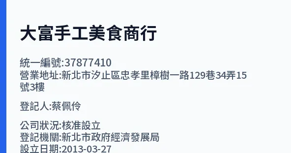 大富手工美食商行的照片-統編 37877410(新北市) 公司登記資料與營業項目詳細圖表