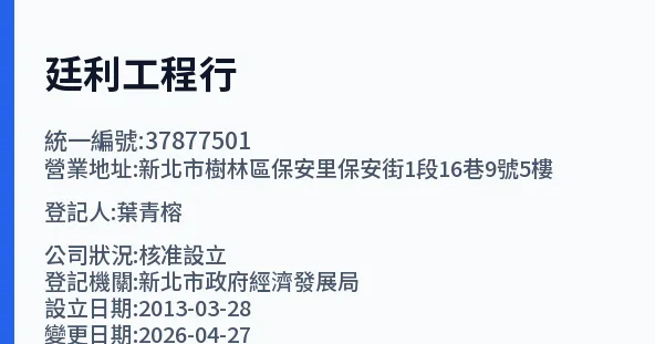 廷利工程行的照片-統編 37877501(新北市) 公司登記資料與營業項目詳細圖表