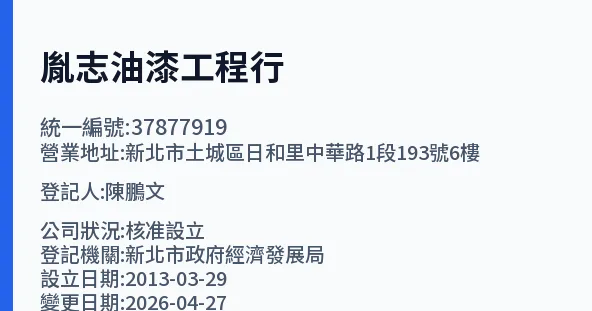 胤志油漆工程行的照片-統編 37877919(新北市) 公司登記資料與營業項目詳細圖表