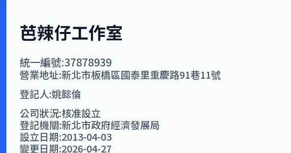 芭辣仔工作室的照片-統編 37878939(新北市) 公司登記資料與營業項目詳細圖表