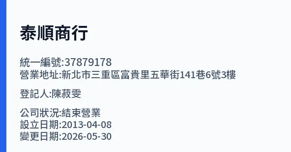 泰順商行的照片-統編 37879178(新北市) 公司登記資料與營業項目詳細圖表