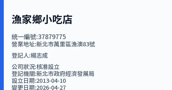 漁家鄉小吃店的照片-統編 37879775(新北市) 公司登記資料與營業項目詳細圖表