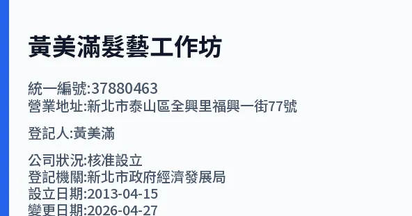 黃美滿髮藝工作坊的照片-統編 37880463(新北市) 公司登記資料與營業項目詳細圖表