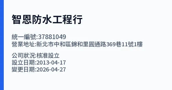 智恩防水工程行的照片-統編 37881049(新北市) 公司登記資料與營業項目詳細圖表