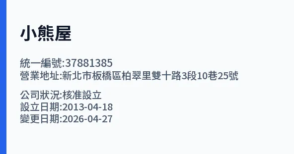 小熊屋的照片-統編 37881385(新北市) 公司登記資料與營業項目詳細圖表