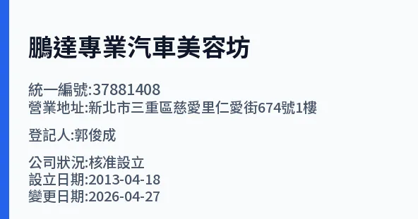鵬達專業汽車美容坊的照片-統編 37881408(新北市) 公司登記資料與營業項目詳細圖表
