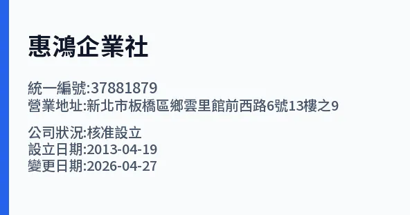 惠鴻企業社的照片-統編 37881879(新北市) 公司登記資料與營業項目詳細圖表