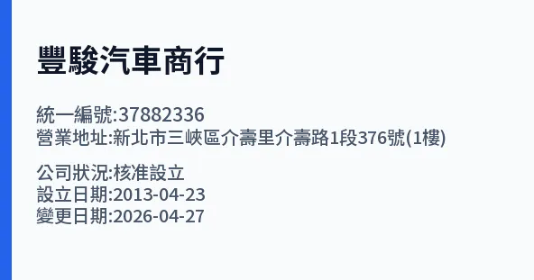 豐駿汽車商行的照片-統編 37882336(新北市) 公司登記資料與營業項目詳細圖表