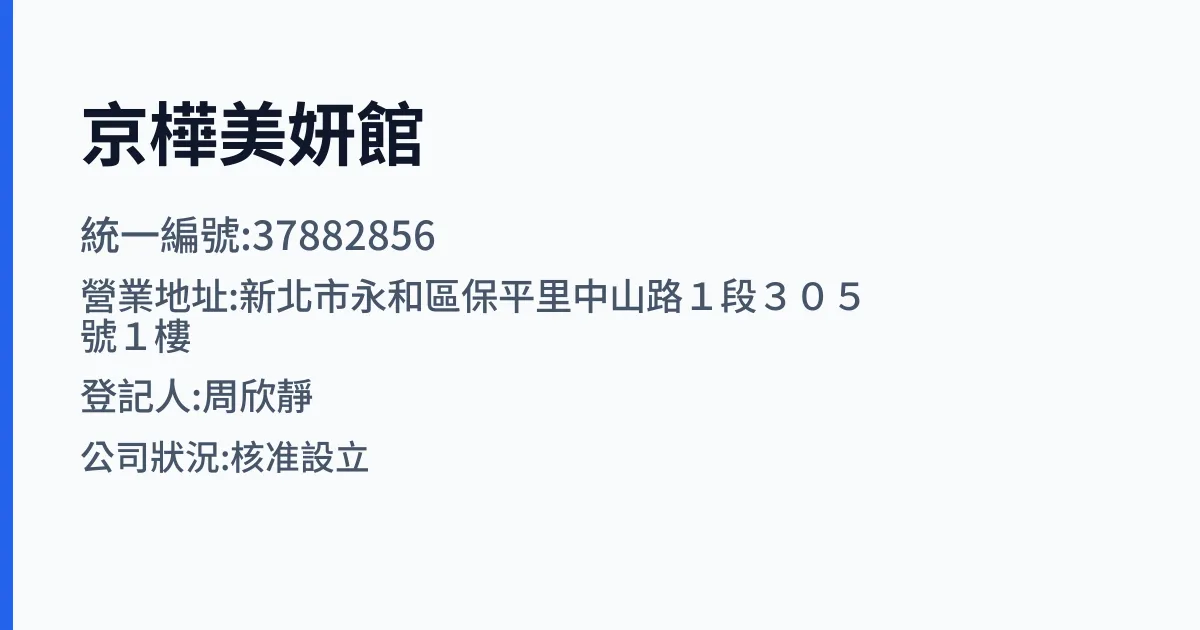 京樺美妍館 - 統編 37882856(新北市) 公司登記資料與營業項目詳細圖表