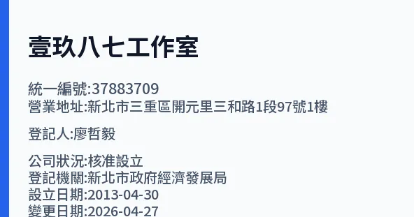 壹玖八七工作室的照片-統編 37883709(新北市) 公司登記資料與營業項目詳細圖表