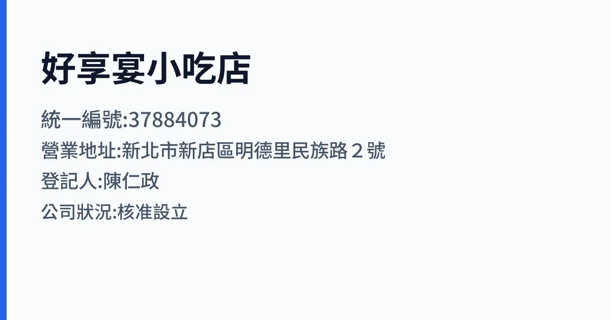 好享宴小吃店 - 統編 37884073(新北市) 公司登記資料與營業項目詳細圖表