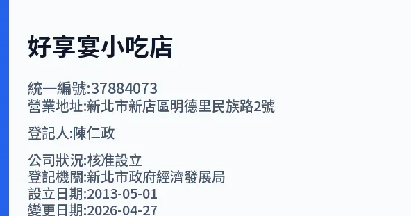 好享宴小吃店的照片-統編 37884073(新北市) 公司登記資料與營業項目詳細圖表