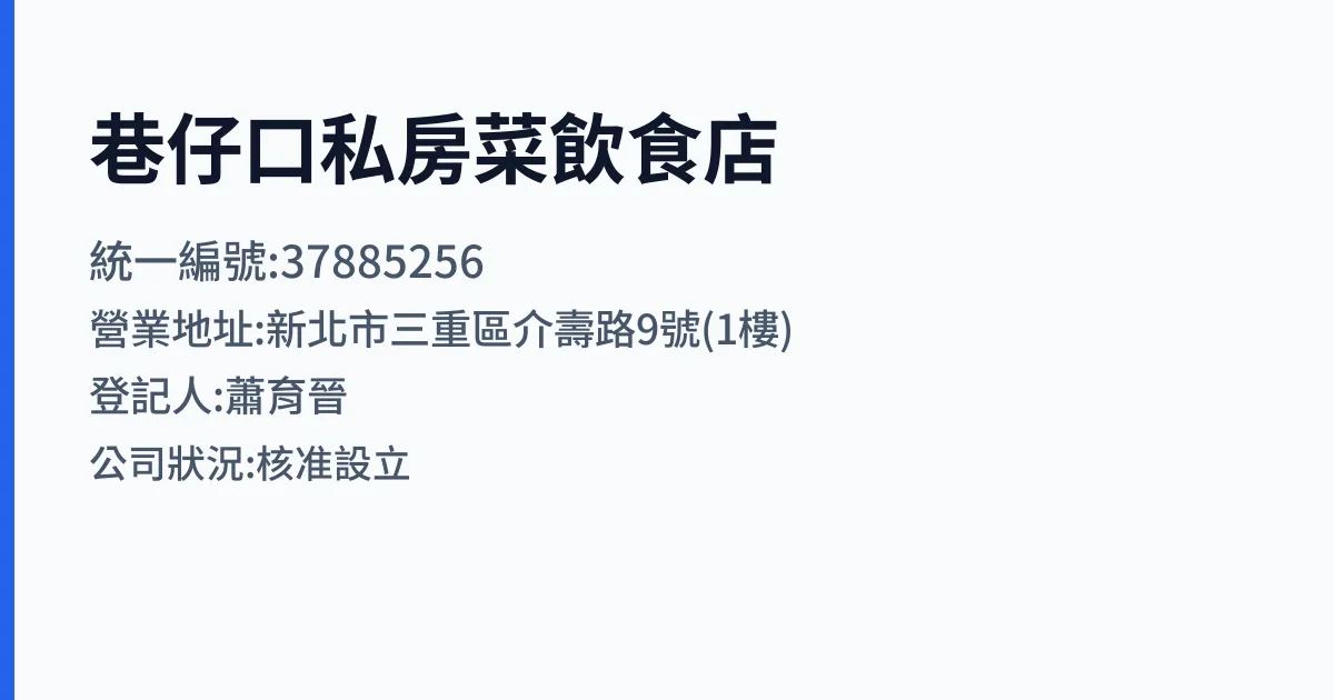 巷仔口私房菜飲食店 - 統編 37885256(新北市) 公司登記資料與營業項目詳細圖表