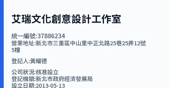 艾瑞文化創意設計工作室的照片-統編 37886234(新北市) 公司登記資料與營業項目詳細圖表