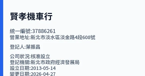 賢孝機車行的照片-統編 37886261(新北市) 公司登記資料與營業項目詳細圖表