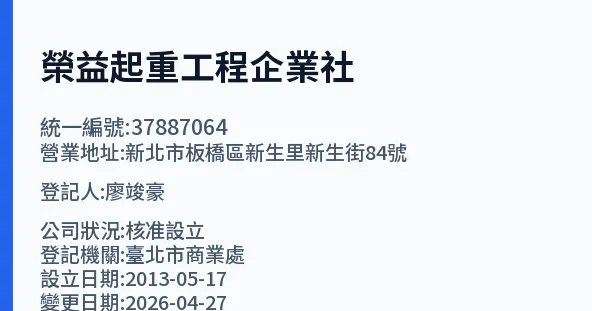 榮益起重工程企業社的照片-統編 37887064(新北市) 公司登記資料與營業項目詳細圖表