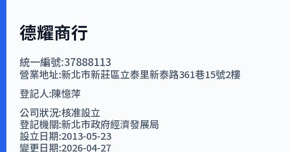 德耀商行的照片-統編 37888113(新北市) 公司登記資料與營業項目詳細圖表