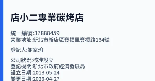 店小二專業碳烤店的照片-統編 37888459(新北市) 公司登記資料與營業項目詳細圖表