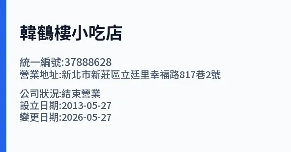 韓鶴樓小吃店的照片-統編 37888628(新北市) 公司登記資料與營業項目詳細圖表