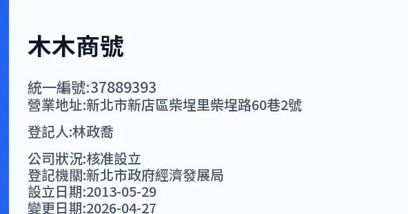 木木商號的照片-統編 37889393(新北市) 公司登記資料與營業項目詳細圖表