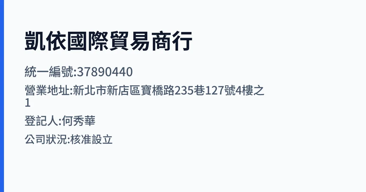 凱依國際貿易商行 - 統編 37890440(新北市) 公司登記資料與營業項目詳細圖表