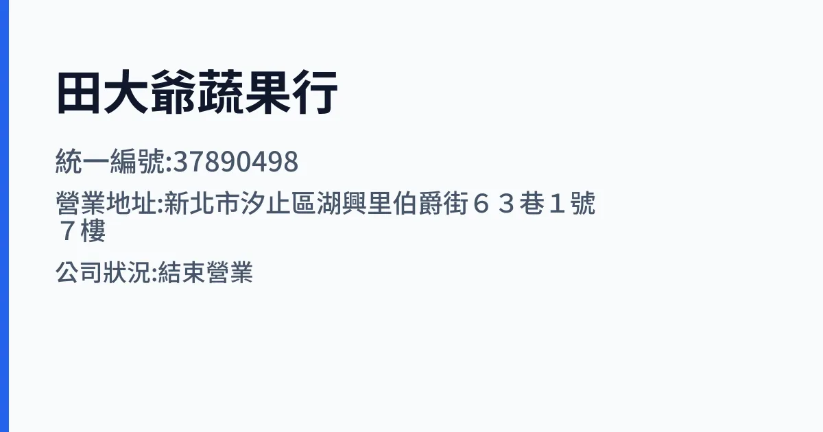 田大爺蔬果行 - 統編 37890498(新北市) 公司登記資料與營業項目詳細圖表