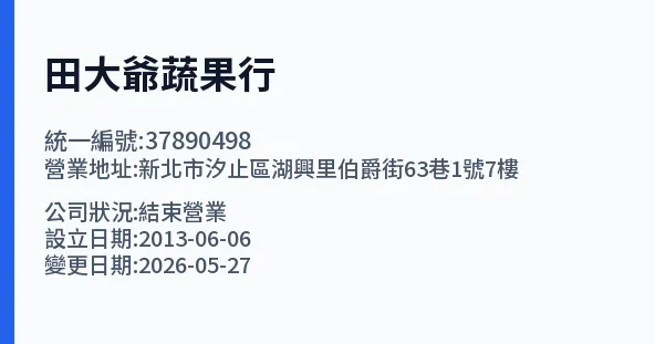 田大爺蔬果行的照片-統編 37890498(新北市) 公司登記資料與營業項目詳細圖表