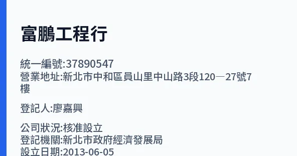 富鵬工程行的照片-統編 37890547(新北市) 公司登記資料與營業項目詳細圖表