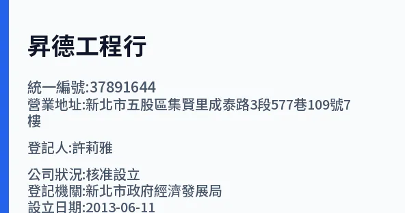 昇德工程行的照片-統編 37891644(新北市) 公司登記資料與營業項目詳細圖表