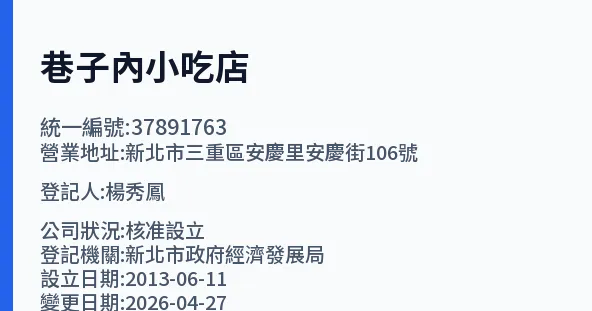 巷子內小吃店的照片-統編 37891763(新北市) 公司登記資料與營業項目詳細圖表