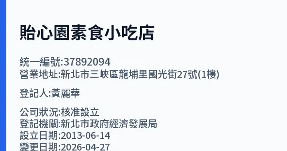 貽心園素食小吃店的照片-統編 37892094(新北市) 公司登記資料與營業項目詳細圖表