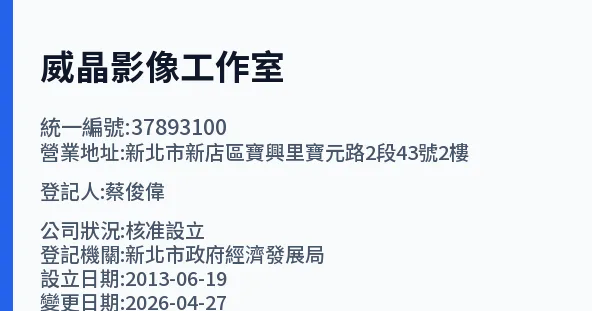 威晶影像工作室的照片-統編 37893100(新北市) 公司登記資料與營業項目詳細圖表