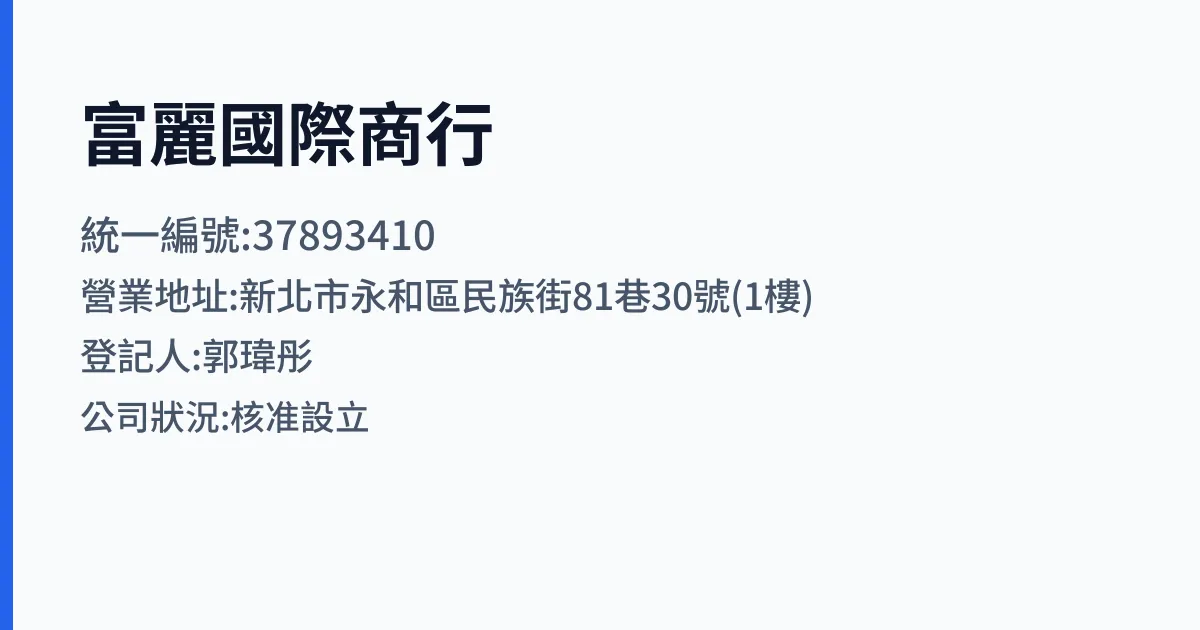 富麗國際商行 - 統編 37893410(新北市) 公司登記資料與營業項目詳細圖表