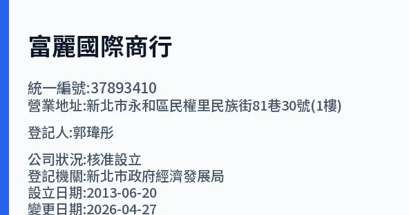 富麗國際商行的照片-統編 37893410(新北市) 公司登記資料與營業項目詳細圖表