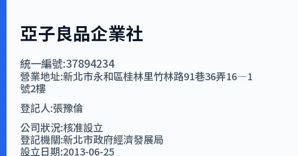 亞子良品企業社的照片-統編 37894234(新北市) 公司登記資料與營業項目詳細圖表