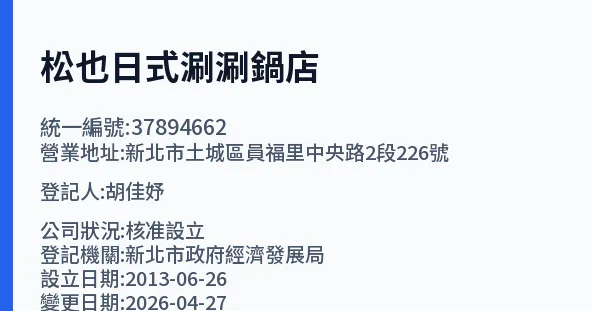 松也日式涮涮鍋店的照片-統編 37894662(新北市) 公司登記資料與營業項目詳細圖表
