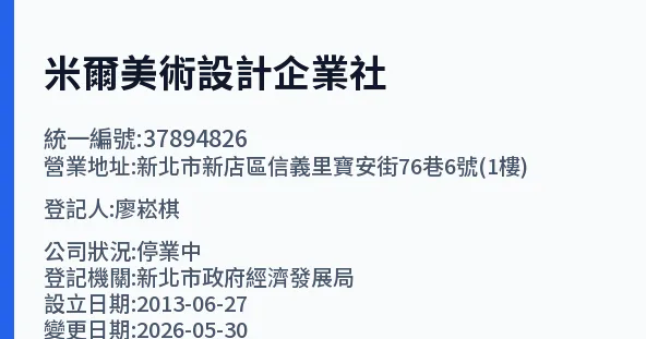 米爾美術設計企業社的照片-統編 37894826(新北市) 公司登記資料與營業項目詳細圖表