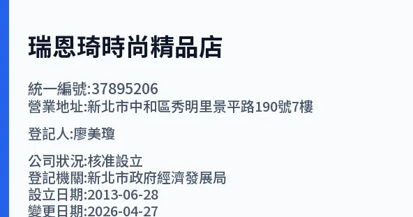 瑞恩琦時尚精品店的照片-統編 37895206(新北市) 公司登記資料與營業項目詳細圖表