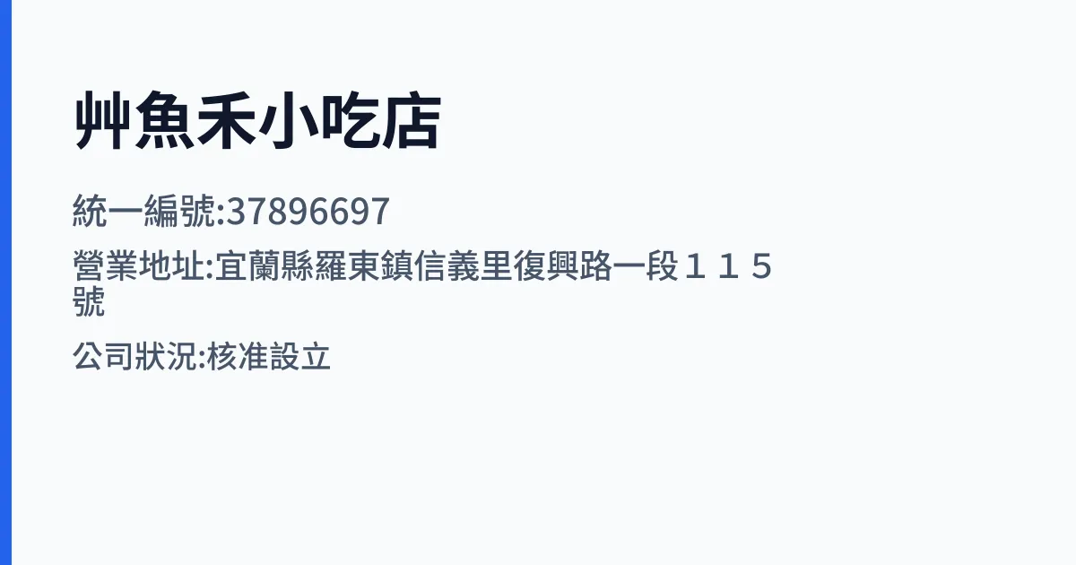 艸魚禾小吃店 - 統編 37896697(宜蘭縣) 公司登記資料與營業項目詳細圖表