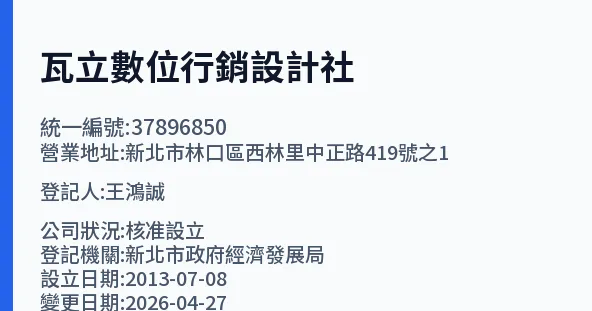 瓦立數位行銷設計社的照片-統編 37896850(新北市) 公司登記資料與營業項目詳細圖表