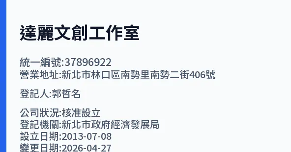 達麗文創工作室的照片-統編 37896922(新北市) 公司登記資料與營業項目詳細圖表