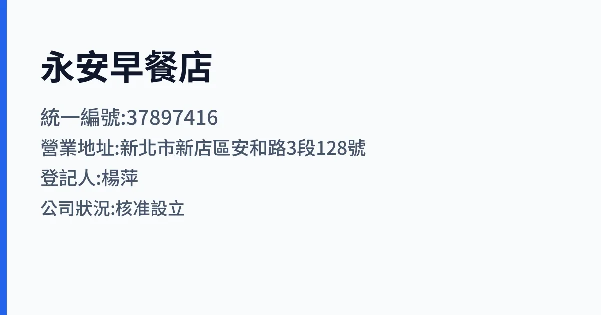 永安早餐店 - 統編 37897416(新北市) 公司登記資料與營業項目詳細圖表
