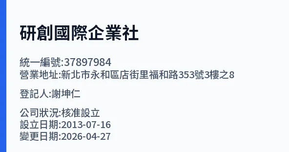 研創國際企業社的照片-統編 37897984(新北市) 公司登記資料與營業項目詳細圖表
