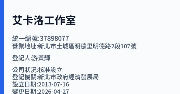 艾卡洛工作室的照片-統編 37898077(新北市) 公司登記資料與營業項目詳細圖表