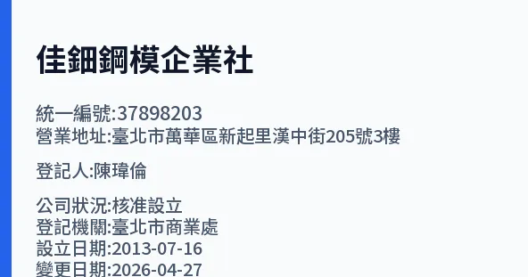 佳鈿鋼模企業社的照片-統編 37898203(臺北市) 公司登記資料與營業項目詳細圖表