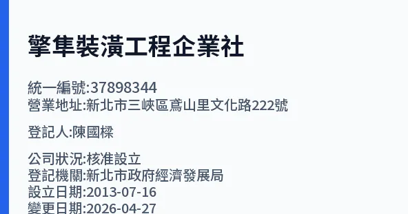 擎隼裝潢工程企業社的照片-統編 37898344(新北市) 公司登記資料與營業項目詳細圖表