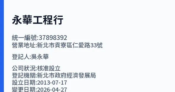 永華工程行的照片-統編 37898392(新北市) 公司登記資料與營業項目詳細圖表