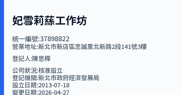 妃雪莉蕬工作坊的照片-統編 37898822(新北市) 公司登記資料與營業項目詳細圖表